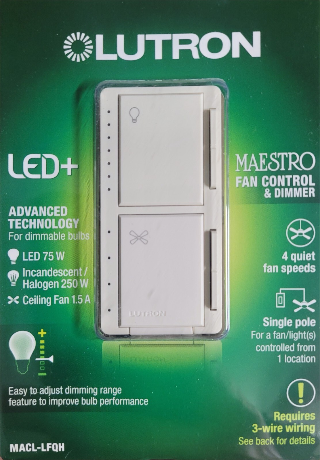 Lutron Fan Control & LED Dimmer Single Pole Light Almond - MACL-LFQH-LA ...