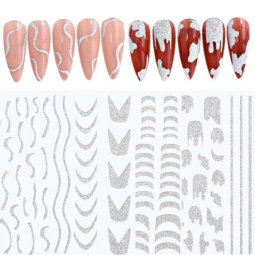 3D French Line Shiny Silver Nail Tip Decals Glitter Diamond Manicure ...