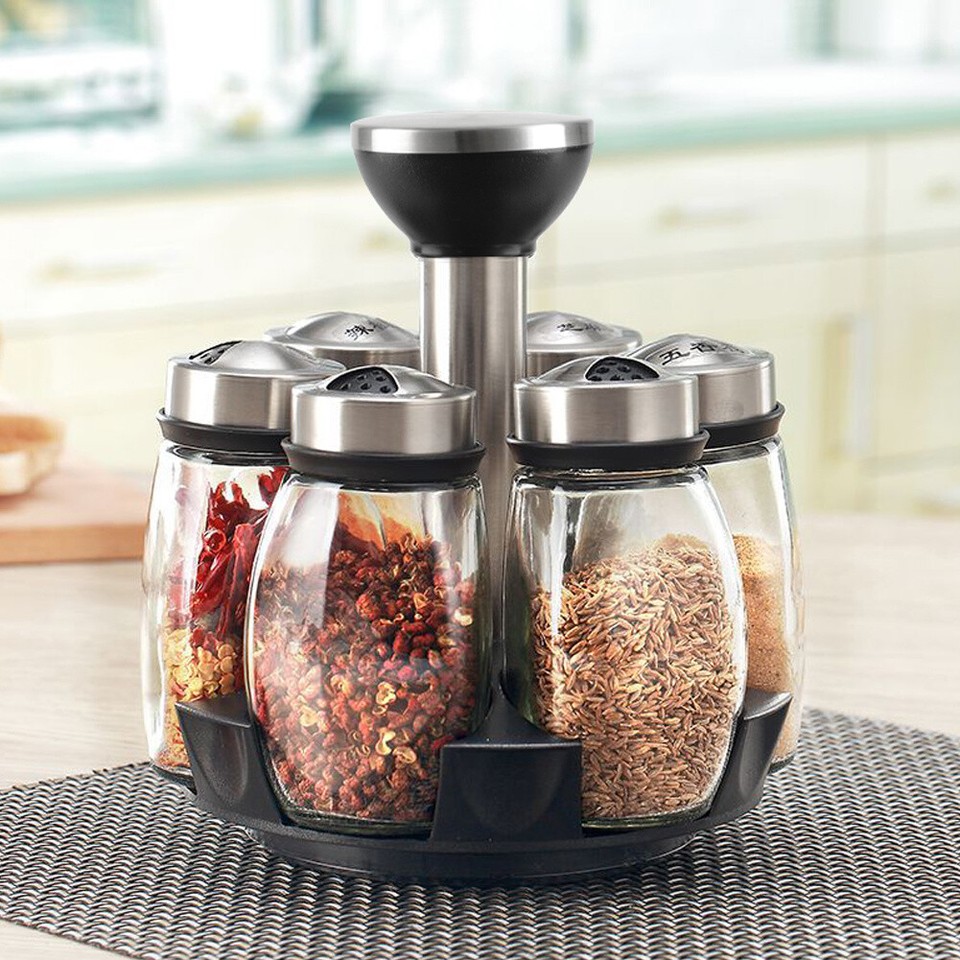 Rotating Spice Rack With 6 Spice Jars Container Glass Herb Spice Bottle ...