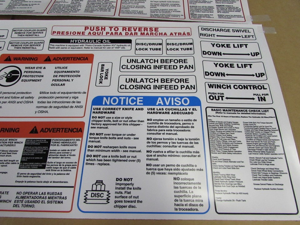 BANDIT WOOD CHIPPER WARNING & SAFETY DECAL KIT ENGLISH & SPANISH 150 ...