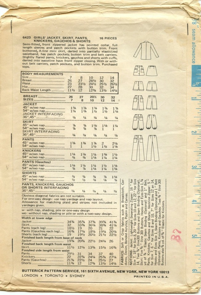 Vintage Butterick Pattern 6423 Girl's Jacket, Pants, Gauchos Shorts ...