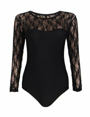 Damen Unterwäsche Body Schwarz Weiß mit Spitze Transparent Rundhals ...