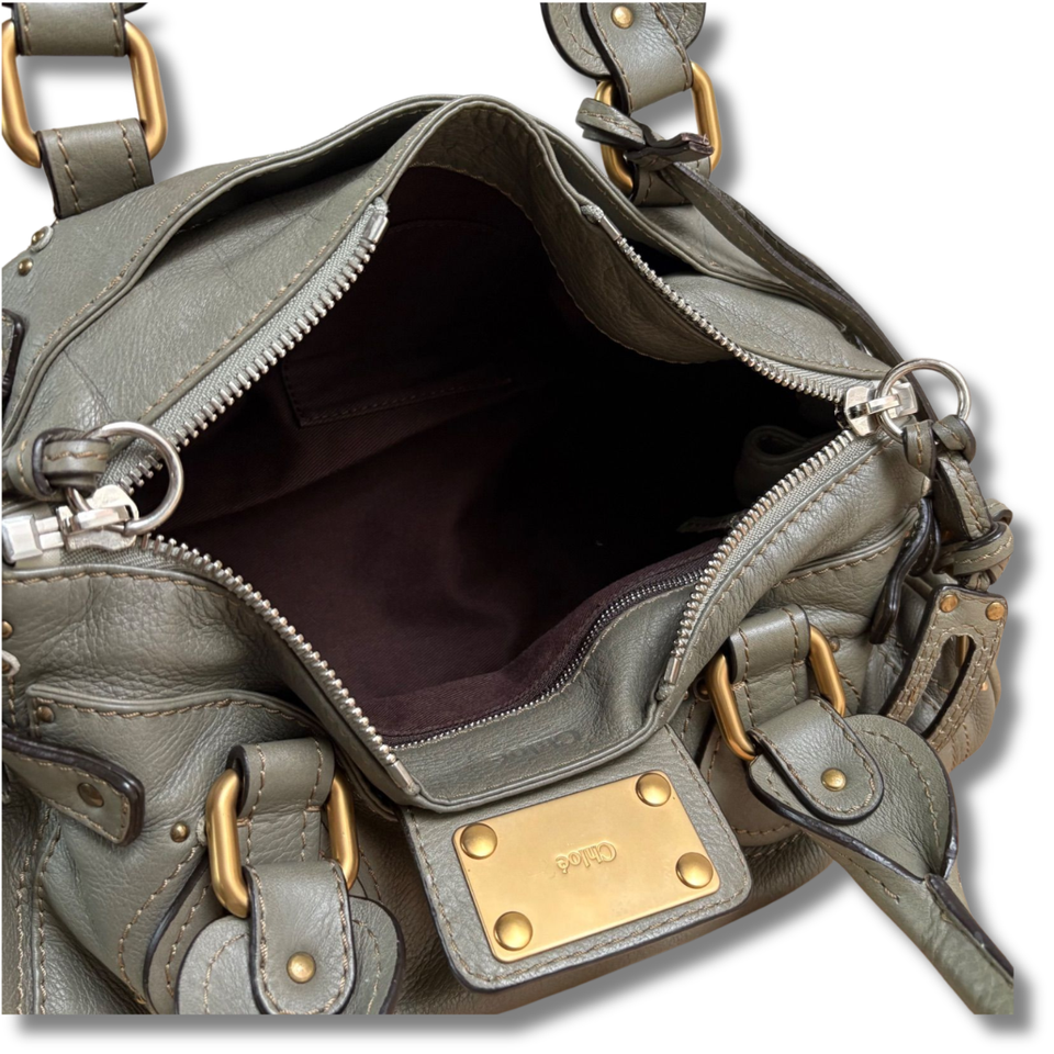 Chloe Paddington Handbag Leather Khaki Green With Lock Key Dust Bag ...