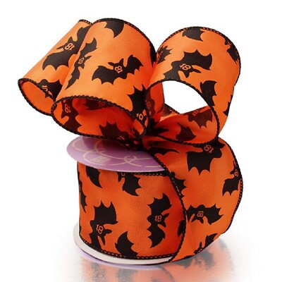 2.5in. Wide Black Bats on Orange Satin Wired Ribbon - 10 Yards ...