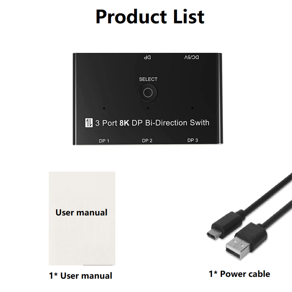 DisplayPort Switch 3 Port DP 1.4 Switcher Bi-Direction 1X3 3x1 For DP ...