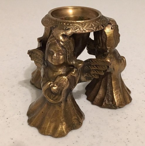 Cherub Brass Candle Holder Triple Winged Angel Musical Instrument 2.75 ...