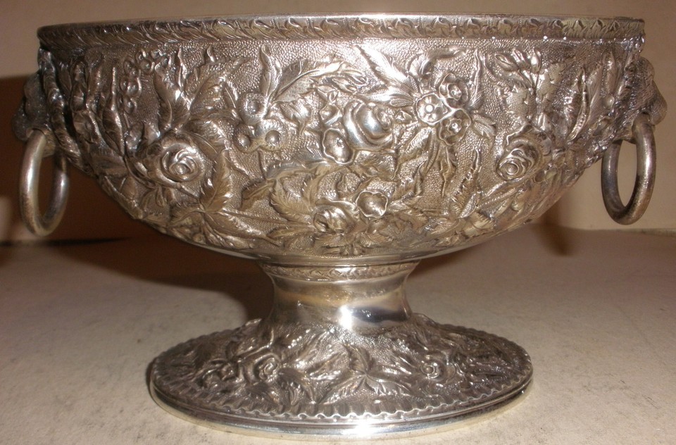 RARE ANTIQUE S KIRK &SON 11OZ COIN SILVER REPOUSSE BOWL LION HANDLES ...