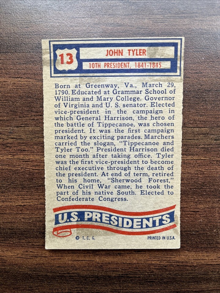 1956 Topps US Presidents John Tyler #13 Vintage Non Sport Card | eBay