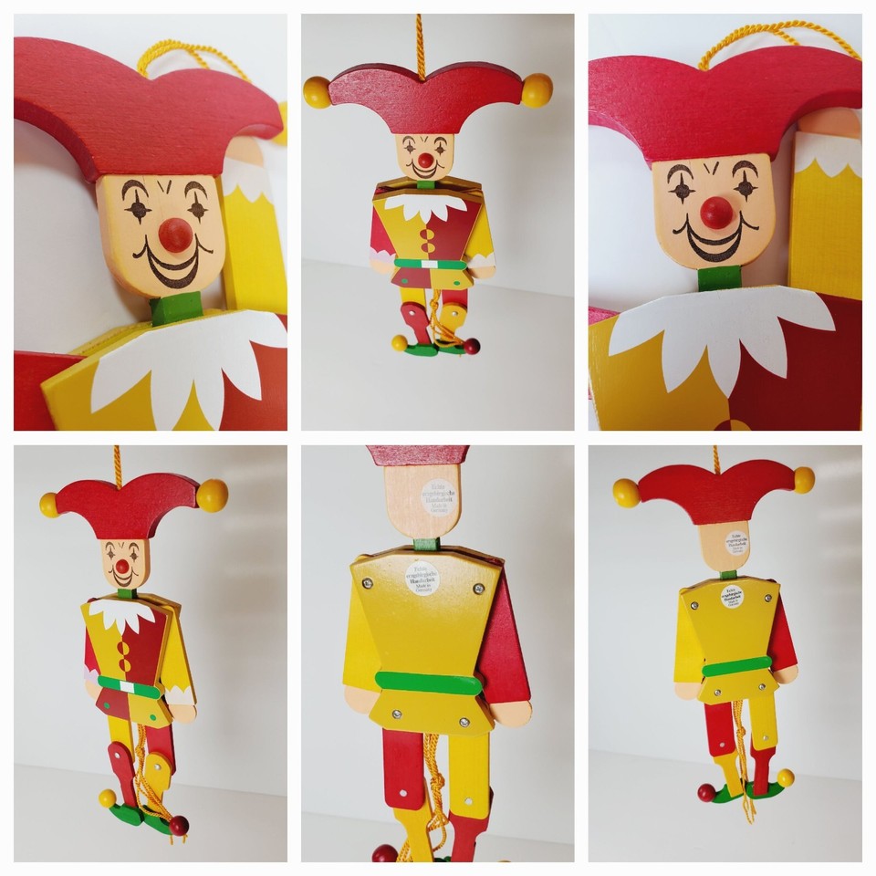 Echte Erzgebirgische Handarbeit Germany Wooden Clown Jester Pull String ...