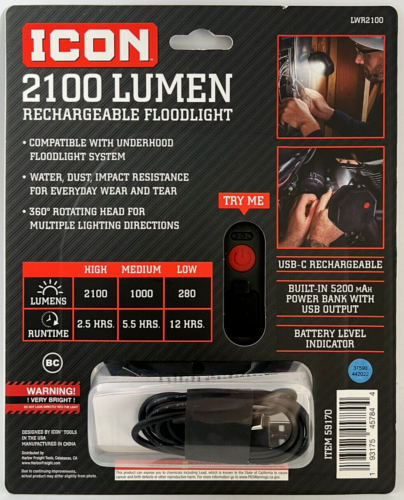 ICON 2100 Lumen LED Compact Magnetic Rechargeable Floodlight Under Hood ...