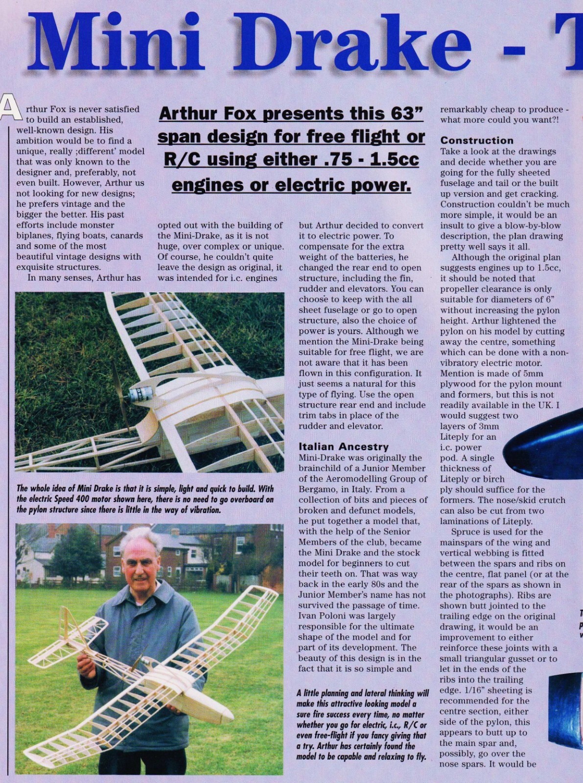 AMI Model Airplane Plans (RC-FF): Mini Drake 63" Wingspan for .75-1.5cc ...