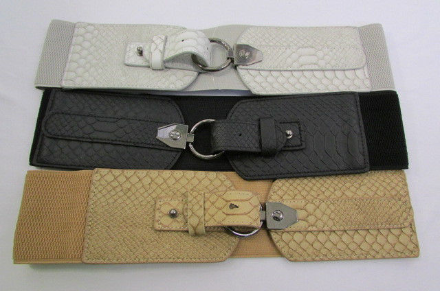 Women Black White Beige Elastic Fashion Belt Snake Skin Wide Faux ...
