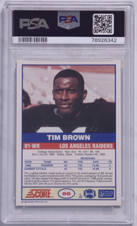 1989 Score Tim Brown Rookie RC #86 PSA 9 Mint HOF Oakland Raiders | eBay