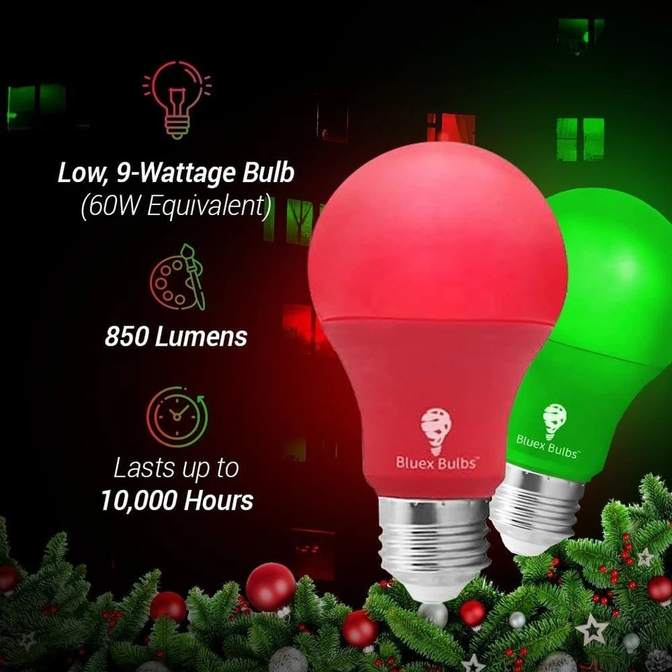 4 Pack LED Red and Green Light Bulbs - 120V E26 Base 9 Watt (60-Watt ...