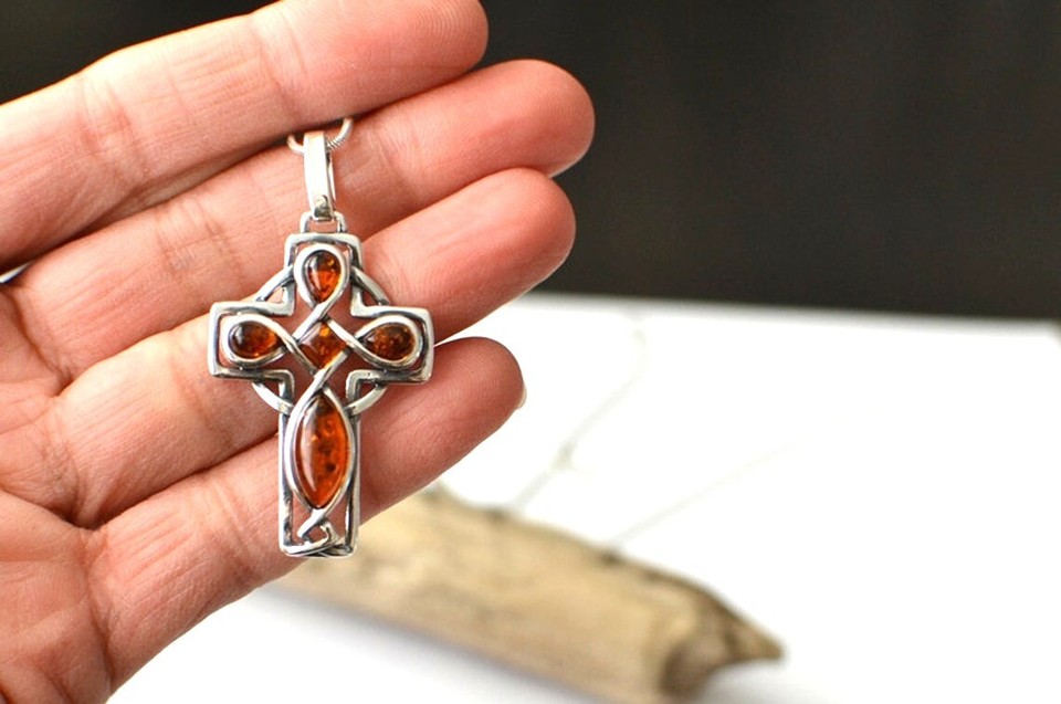 Silver Catholic cross crucifix necklace, Cross amber Necklace, jewelry ...