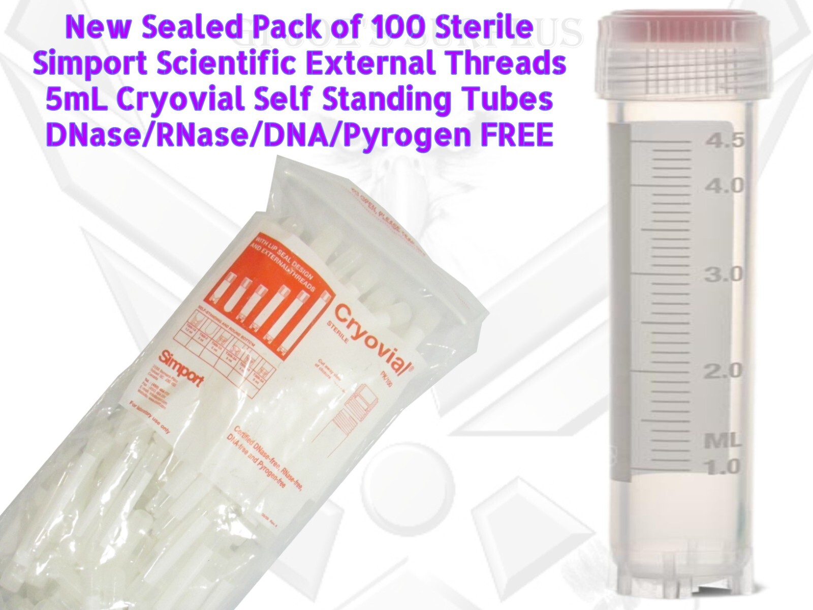 100 NEW Sealed Simport Sterile 5mL CryoVial Standing Cryogenics T309-5A ...