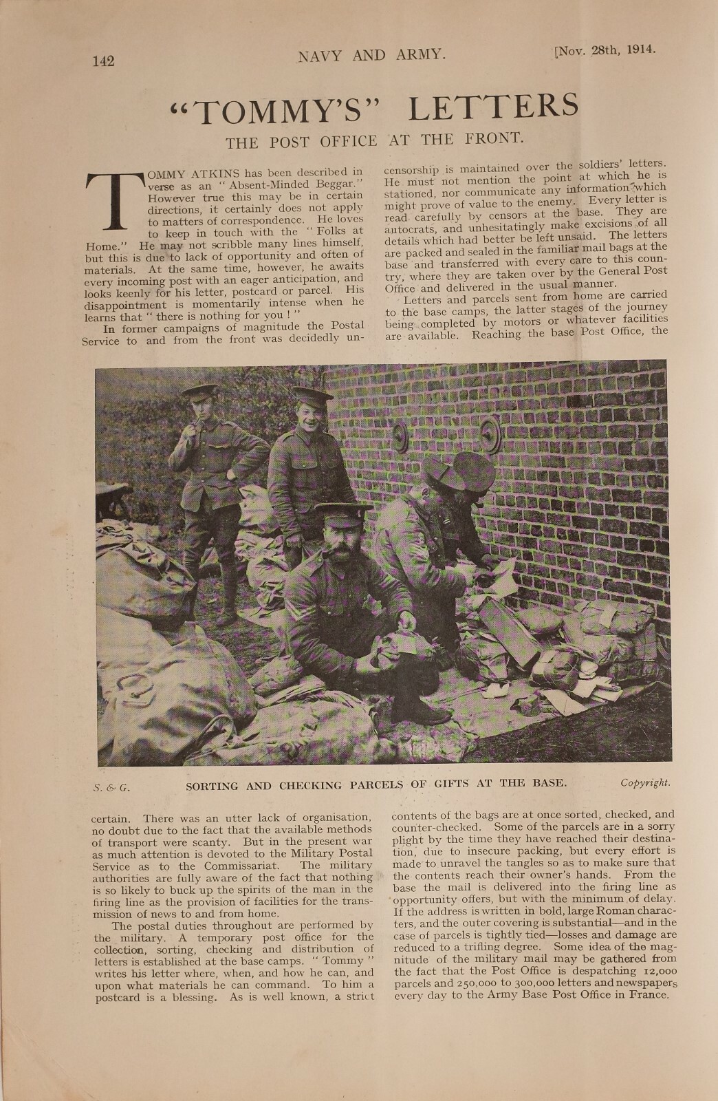 1914 WW1 PRINT POST OFFICE AT FRONT SOLDIERS SORTING CHECKING PARCELS ...