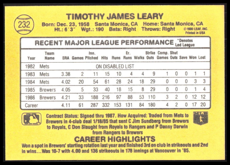 1987 Donruss Tim Leary #232 Milwaukee Brewers 5I | eBay