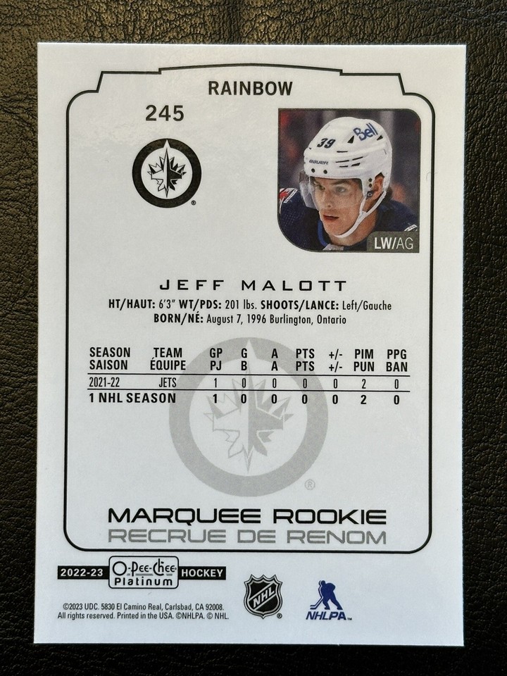 JEFF MALOTT 2022-23 O-Pee-Chee PLATINUM RAINBOW MARQUEE ROOKIE CARD NO ...