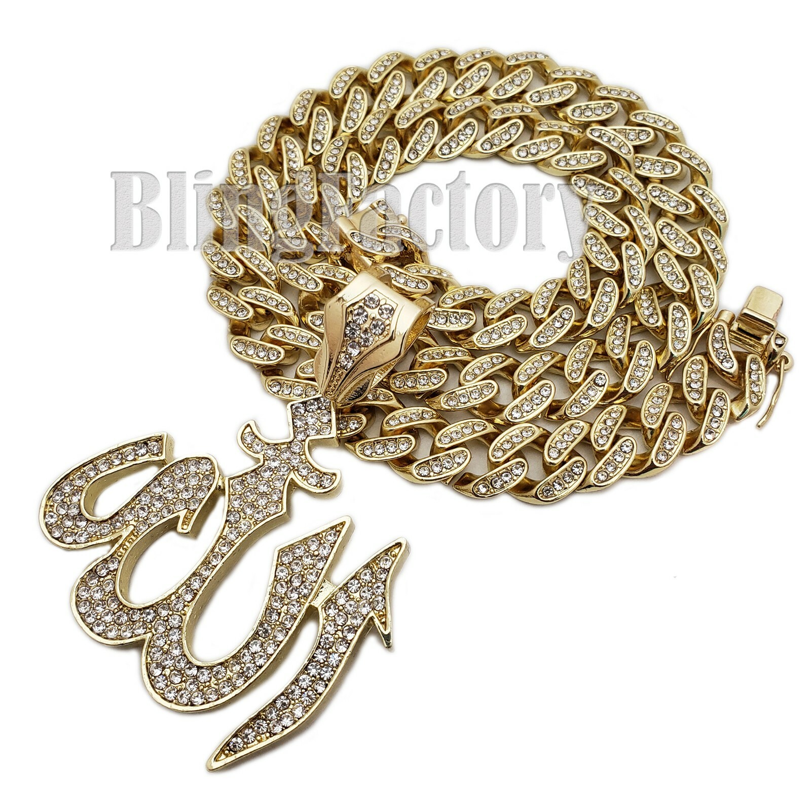 Gold Plated Cubic Zirconia Alloy Allah Muslim & 18" Iced Cuban Chain ...