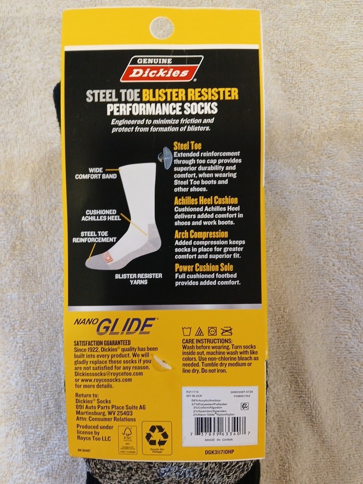 New 3 Pair Dickies Steel Toe Crew Performance Work Socks Nano Glide ...