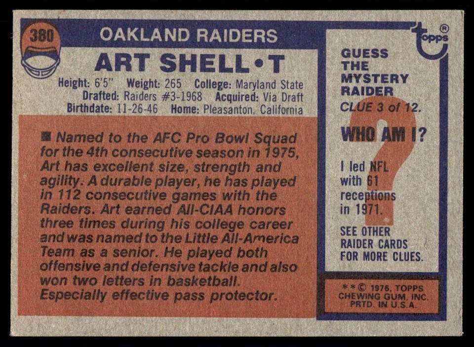 1976 Topps Football Art Shell Oakland Raiders #380 VG | eBay