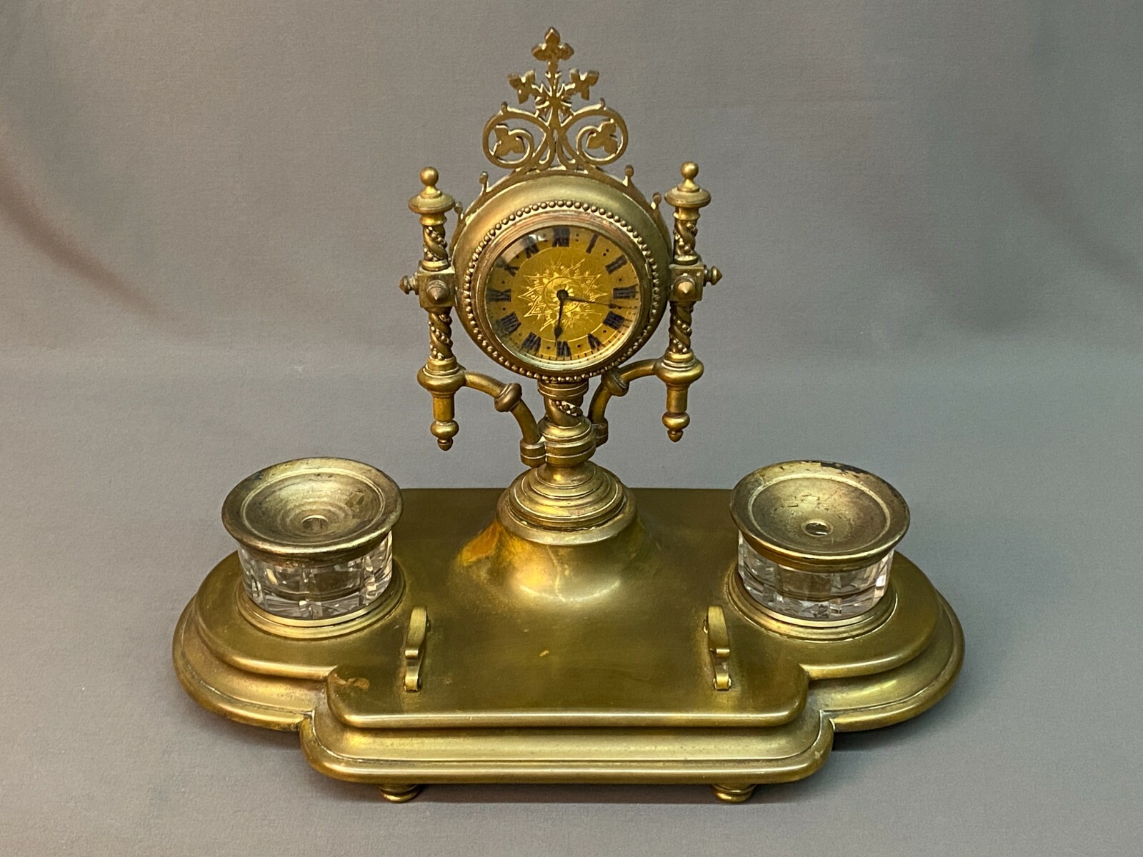Antique Victorian Brass Desk Clock with Double Ink Wells | eBay