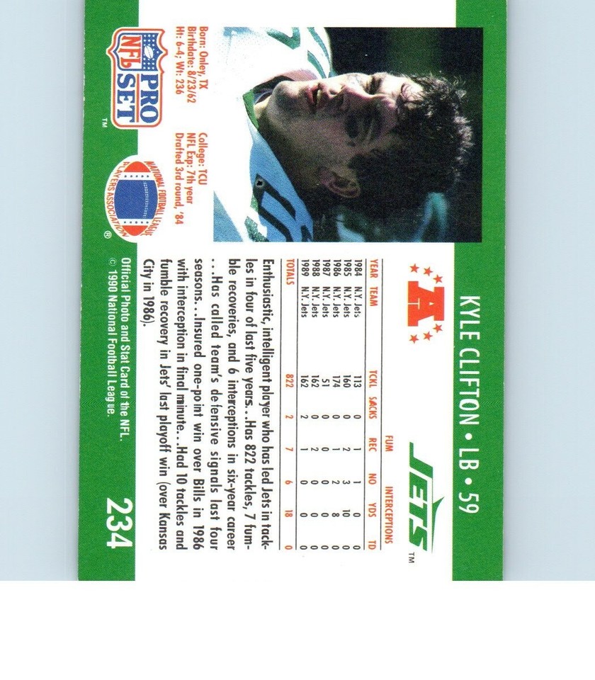 Kyle Clifton 234 Jets 1990 Pro Set NFL Football Trading Card | eBay