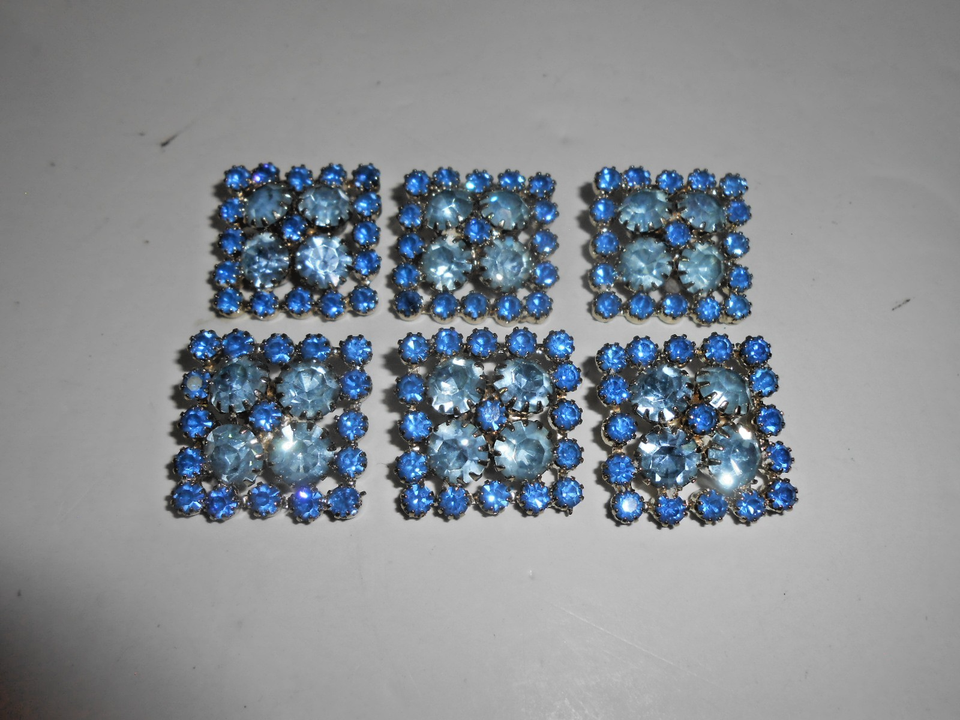 (8) Vintage Blue Rhinestone Buttons Blue-Aquamarine Silvertone settings ...