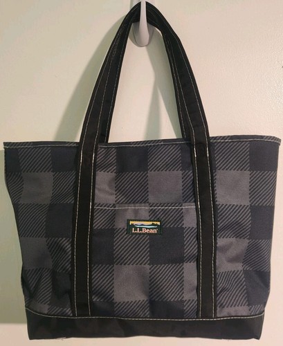 LL Bean Waxed Canvas Tote Bag Zip Top Medium, Plaid, Lining/Pocket Gray ...