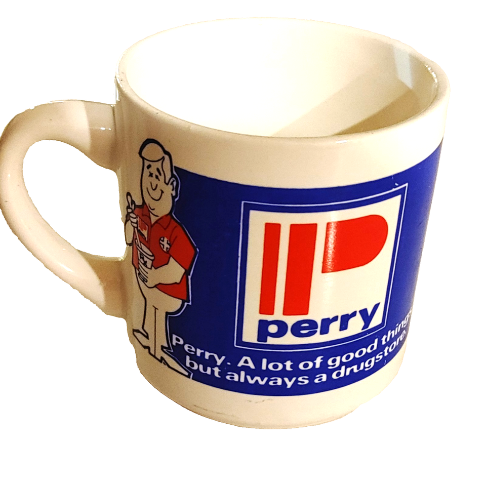 VTG Perry Drugstore Mug Ceramic Red White Blue Logo Ad Logo Kitsch ...