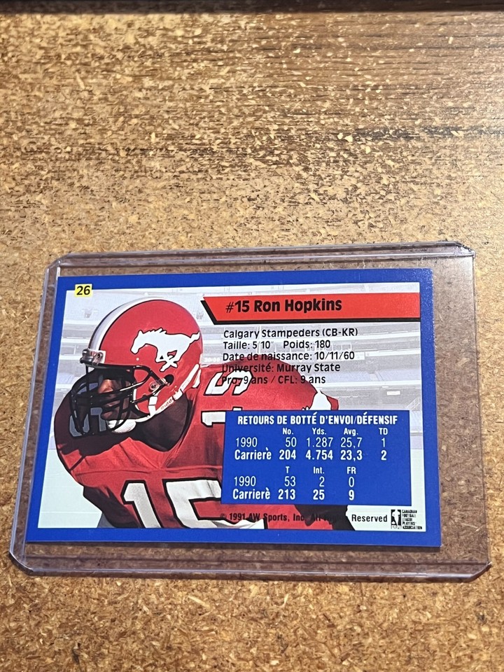 1991 AW Sports CFL Football # 26 Ron Hopkins | eBay