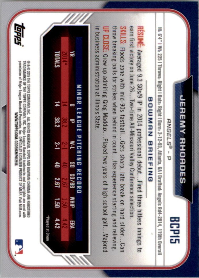 2015 Bowman Chrome Prospects Angels Baseball Card #BCP15 Jeremy Rhoades ...