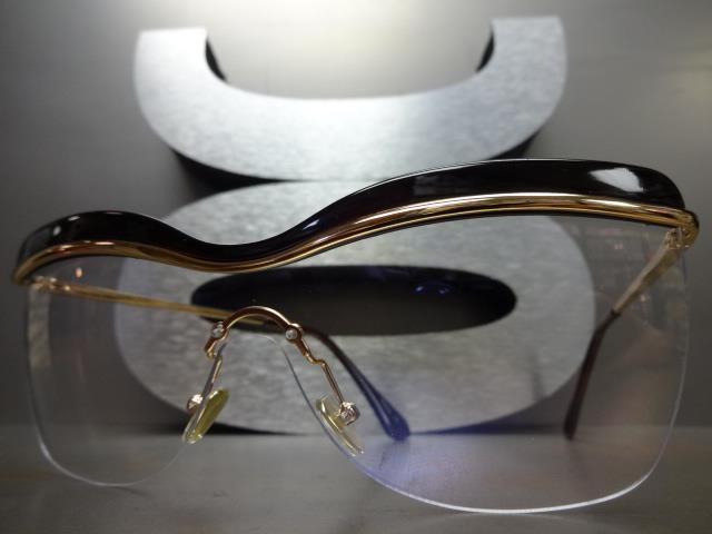 OVERSIZED VINTAGE RETRO SHIELD Style Clear Lens EYE GLASSES Gold ...