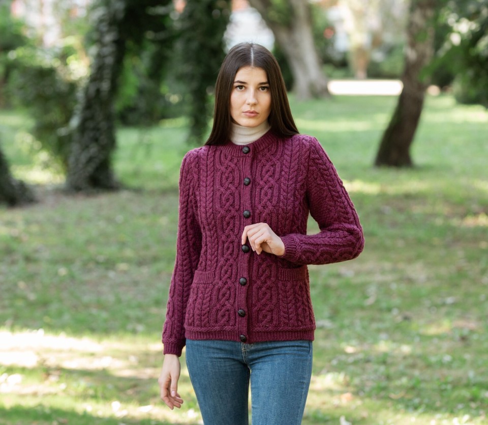 SAOL Aran Cardigan Sweater Women's 100% Merino Wool Cable Knitted ...