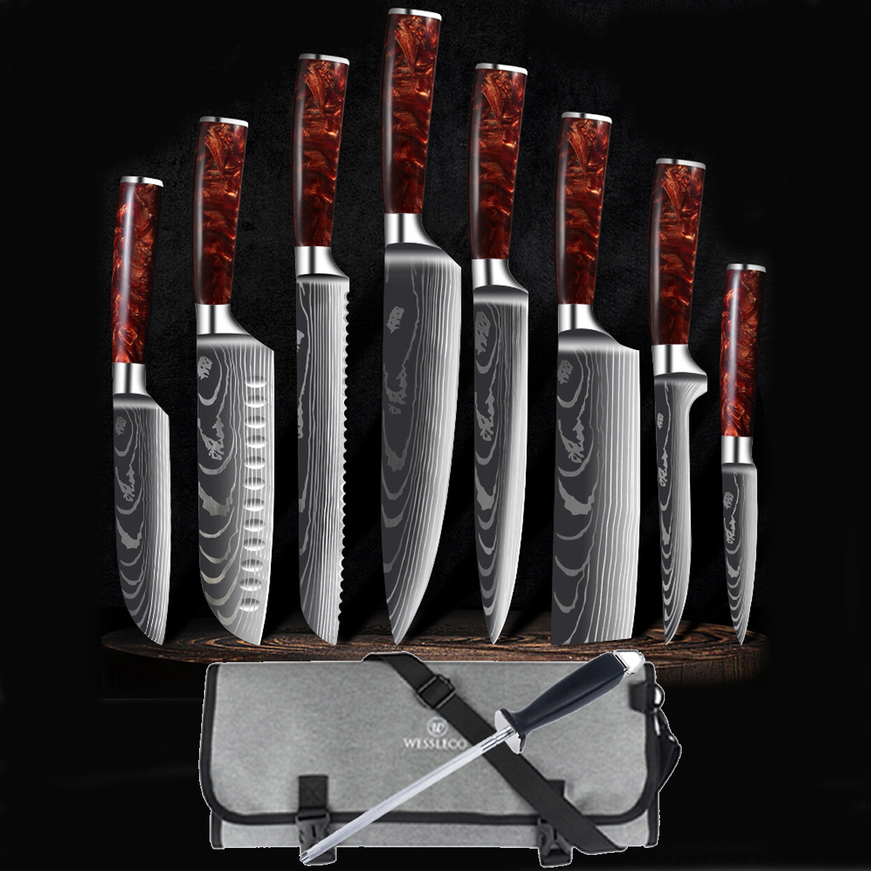 12PC Red Japanese Kitchen Knives Set Damascus Pattern Chef Knife Set ...
