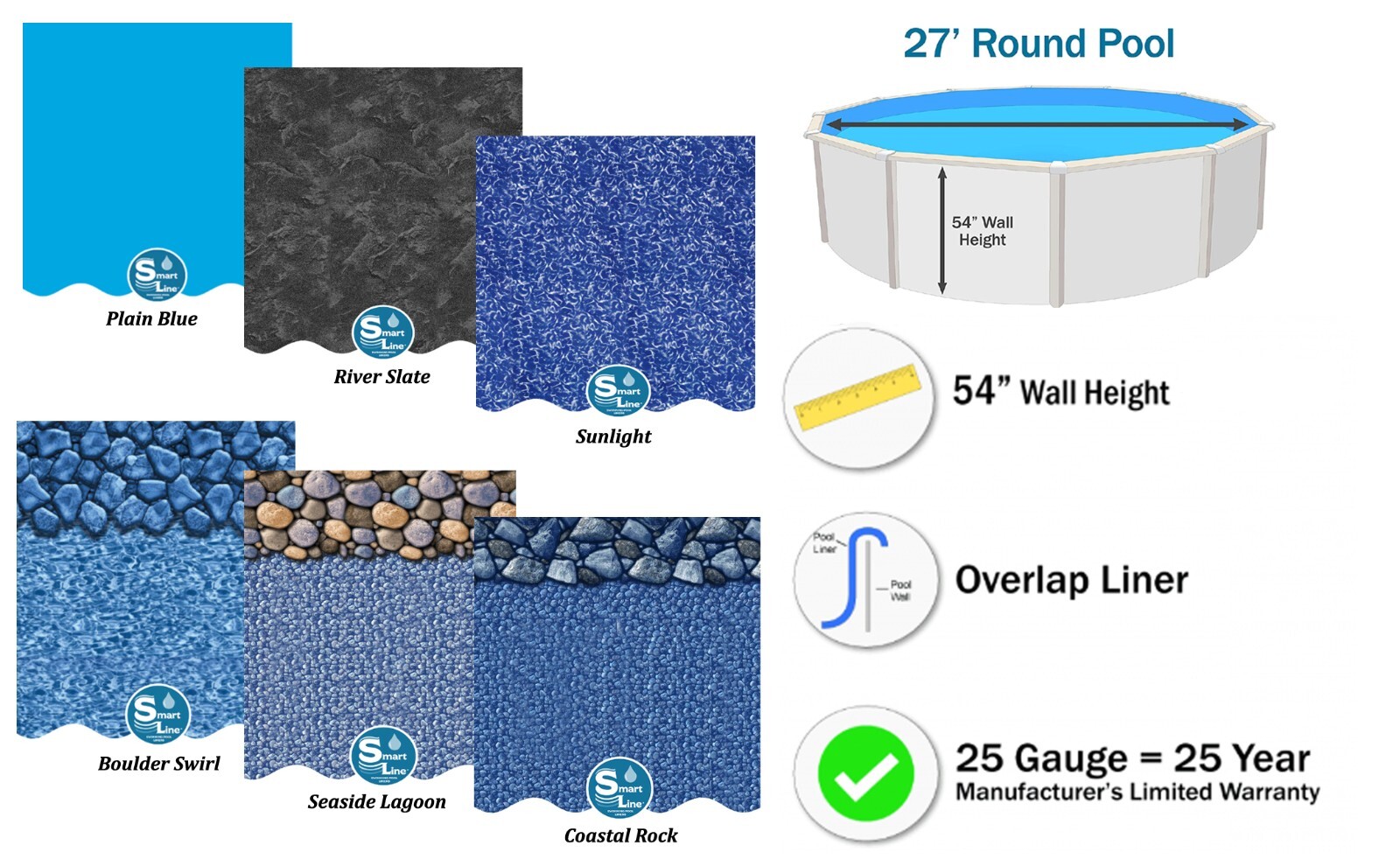 Smartline 27' x 54" Round Overlap Above Ground Swimming Pool Liner - 25 ...
