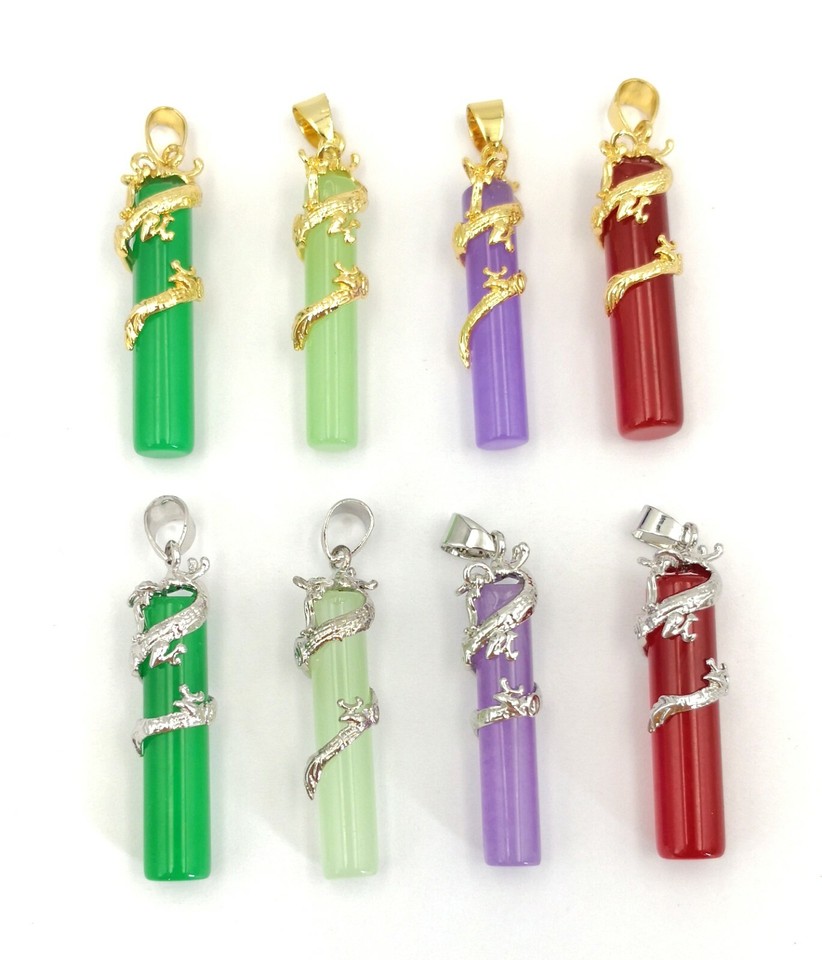 Light Green Aventurine Jade Dragon Coil Pillar Column 18KGP Pendant ...