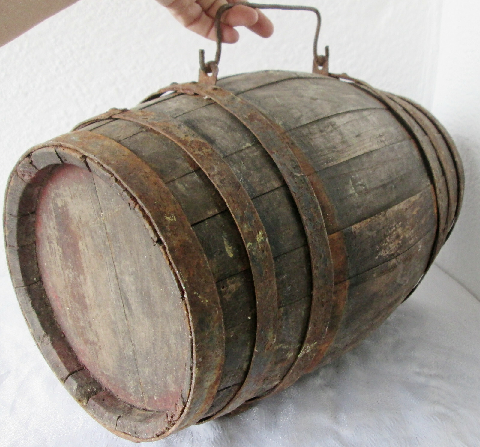 14+" antique primitive 6 iron banded WOODEN BARREL CASK FLASK CANTEEN w ...