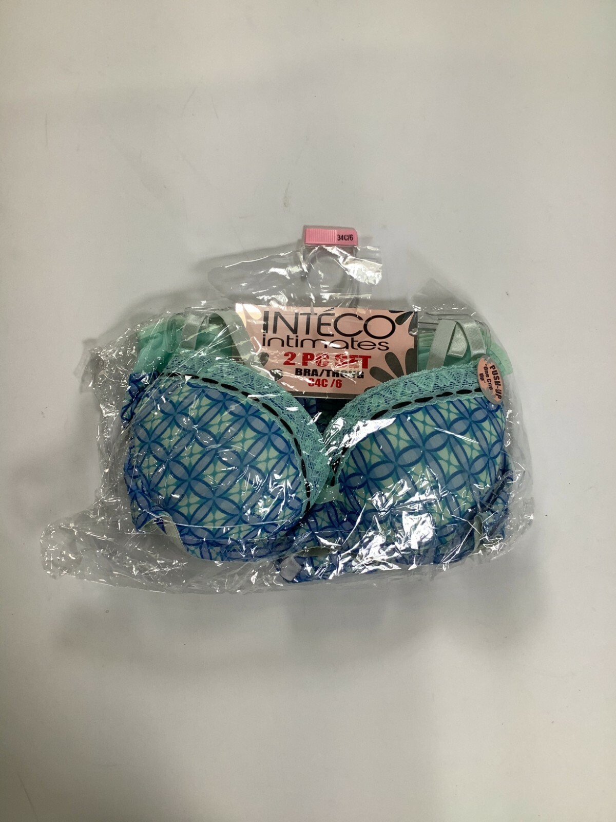 Women’s Inteco Intimates Blue Diamond Pattern Bra Thong 2 Piece Set NEW ...