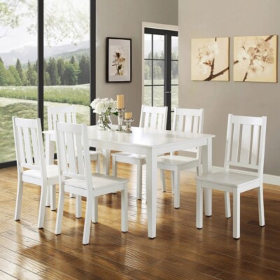 7 Pc White Dining Room Set Wood Kitchen Furniture Table & 6 Chairs ...