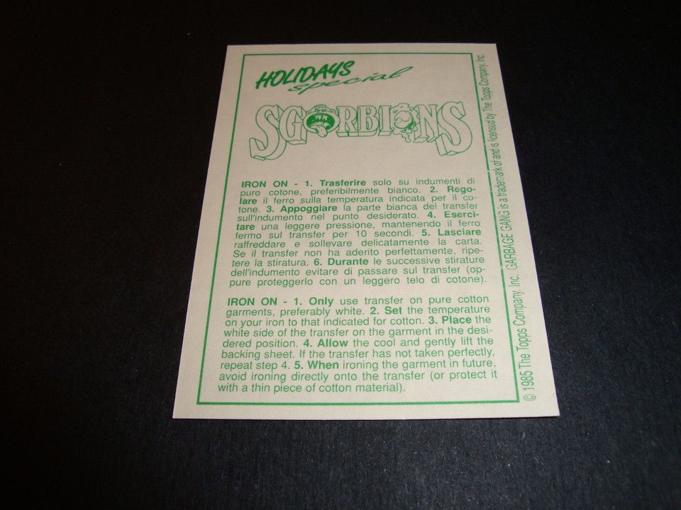 1985 HOLIDAYS SPECIAL SGORBIONS Transfers (Iron-Ons) Garbage Pail Kids ...
