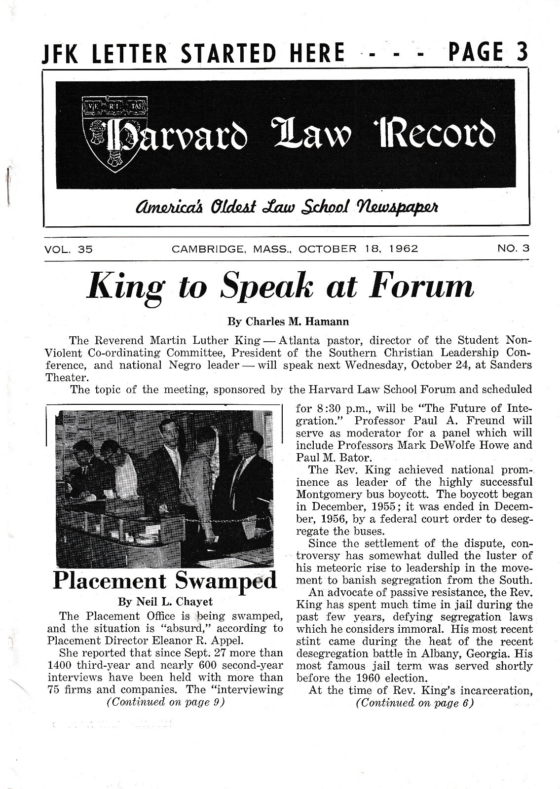 JFK Letter Harvard Law Record Newspaper October 18, 1962, Vol 35 #2 | eBay