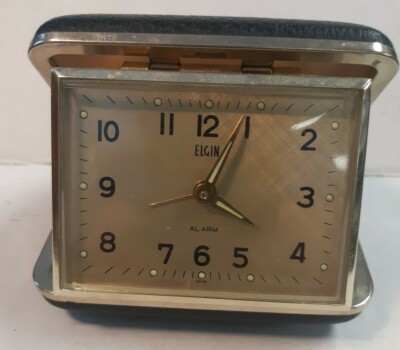 Vintage Elgin Wind Up Travel Alarm Clock Black Case Glow In Dark Hands ...