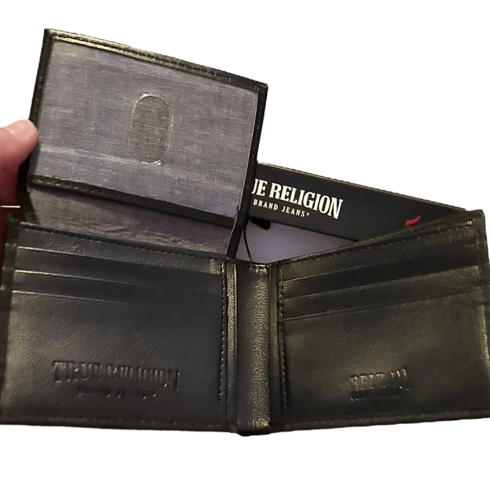 New TRUE RELIGION L-Fold Wallet Stitched Logo Black Leather Ricky Red ...