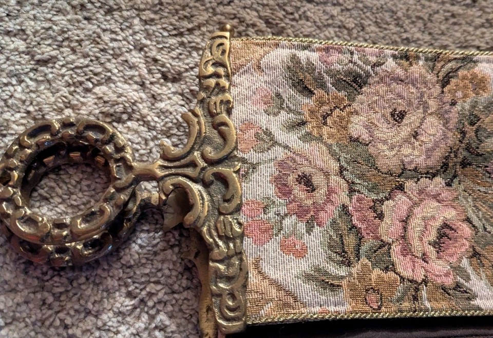 Vtg Tapestry Bell Pull Corona Decor Pink Cream Floral Brass Ring | eBay