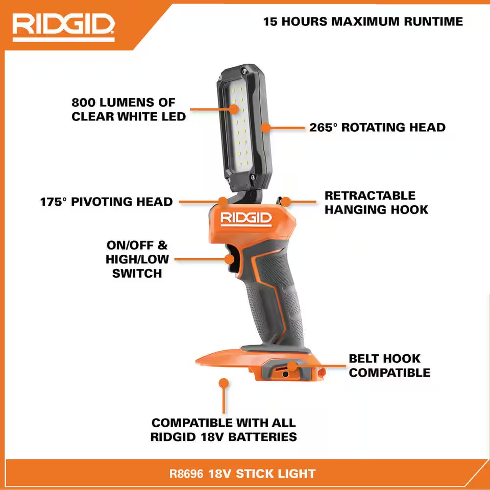 RIDGID 18V Cordless LED Stick Light (Tool Only) | eBay