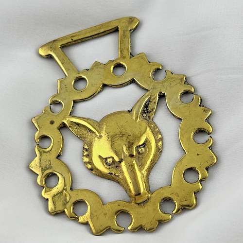 Brass Horse Medallion Antique English Fox Head Hunt Crown Border Parade ...