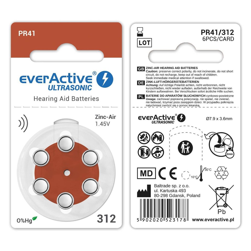 6 Everactive Ultrasound Size 312 Mf Pr41 Hearing Aid Batteries 1.45V ...