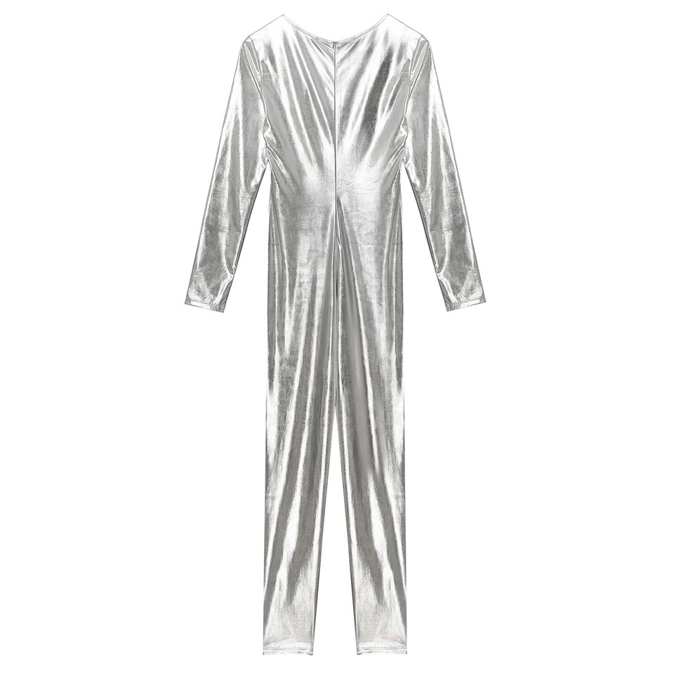 Womens Metallic Shiny Unitard Dancewear One Piece Long Sleeve Bodysuit ...